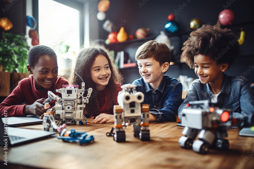 Cheerful children work at school on a technology project, create toys ...