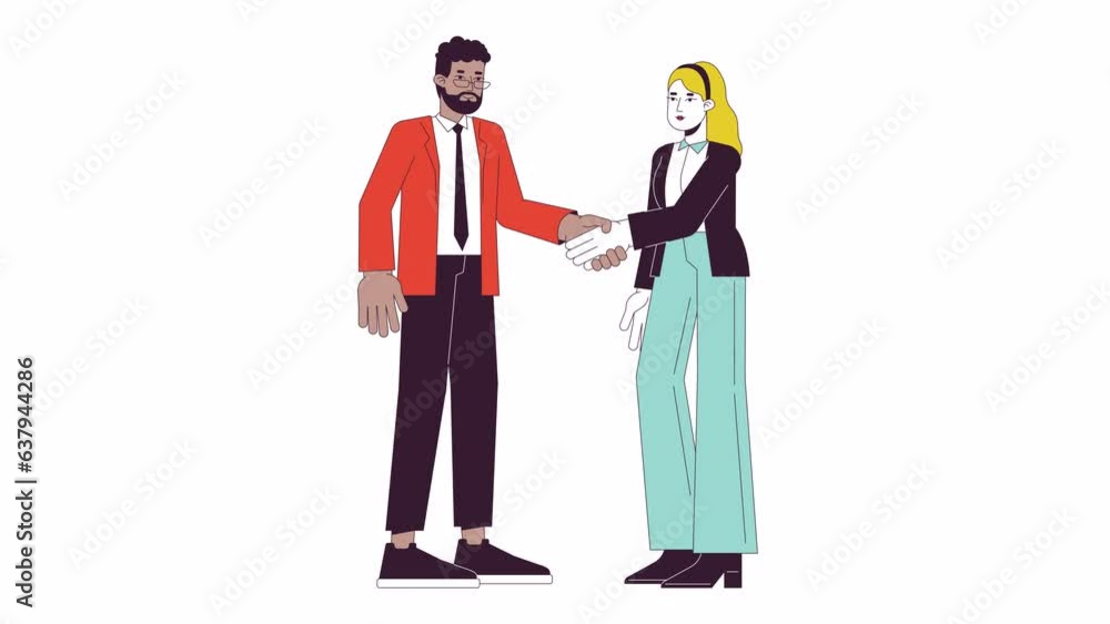 Man woman shaking hands line cartoon animation. Job interview hired ...