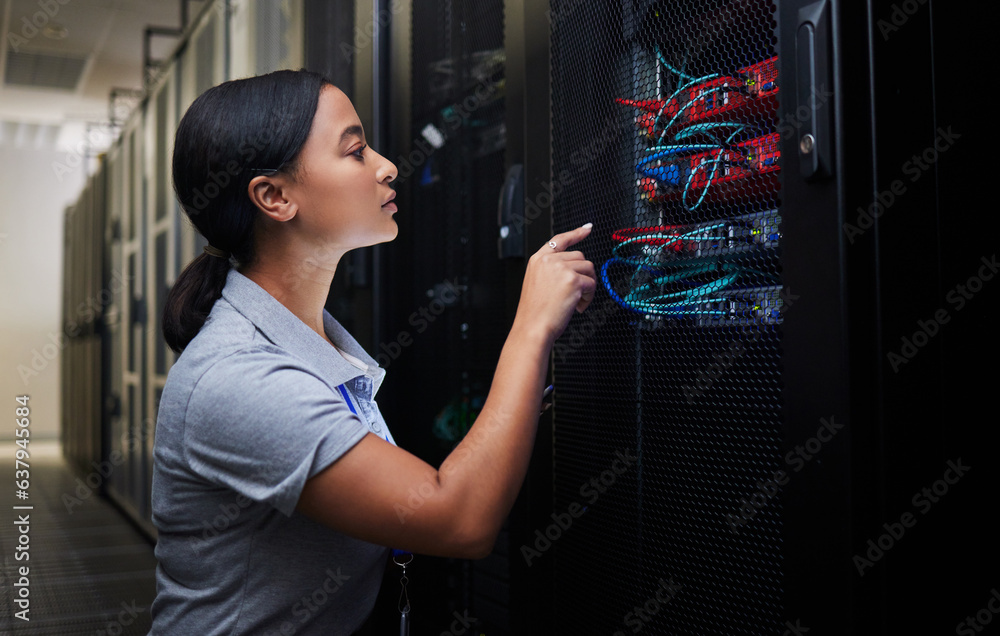 Woman, cable and engineer in server room to check inspection of cloud ...