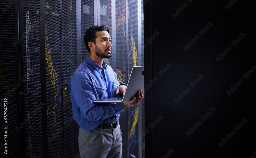Man, thinking and laptop for server room inspection, data center ...