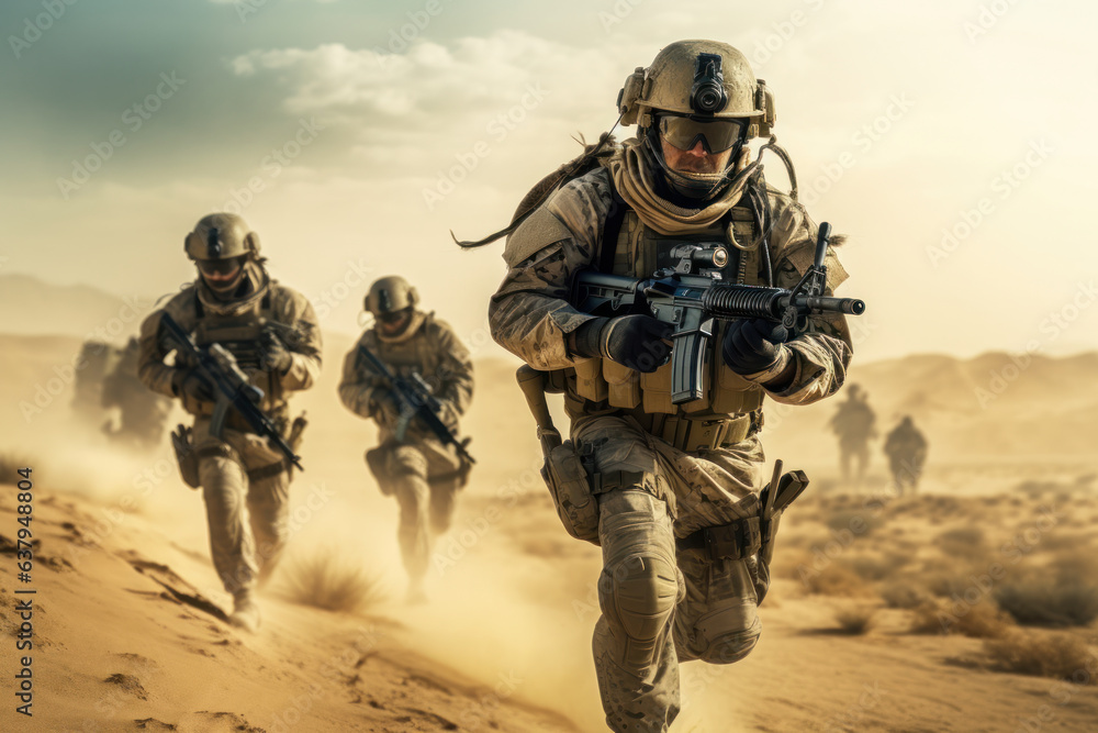 Equipped Special Forces sprinting in desert battleground. Armed ...