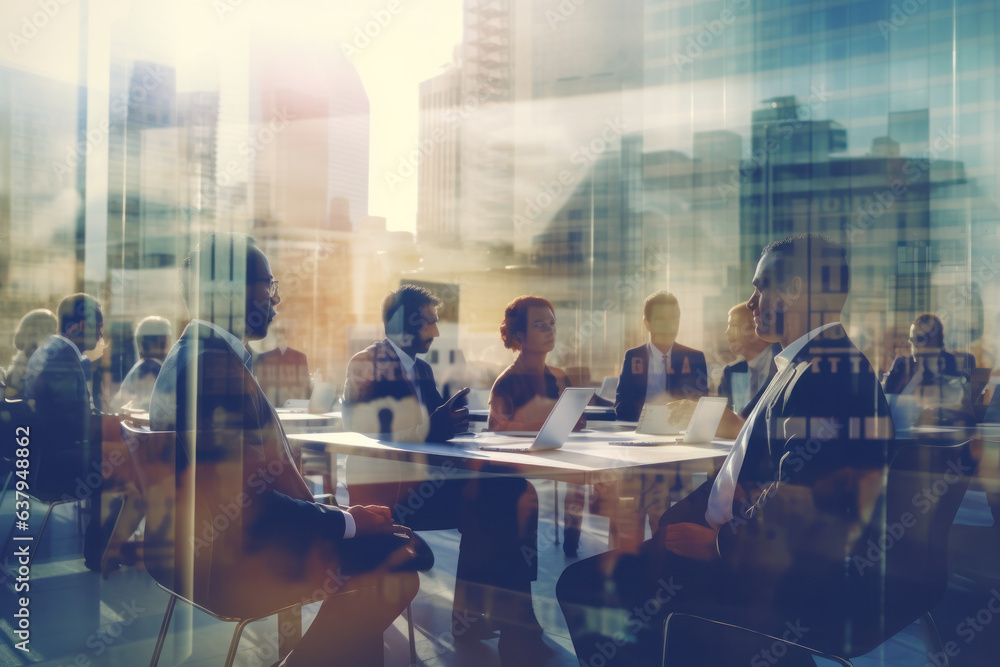Business meeting overlays city office building. Portrays thriving ...