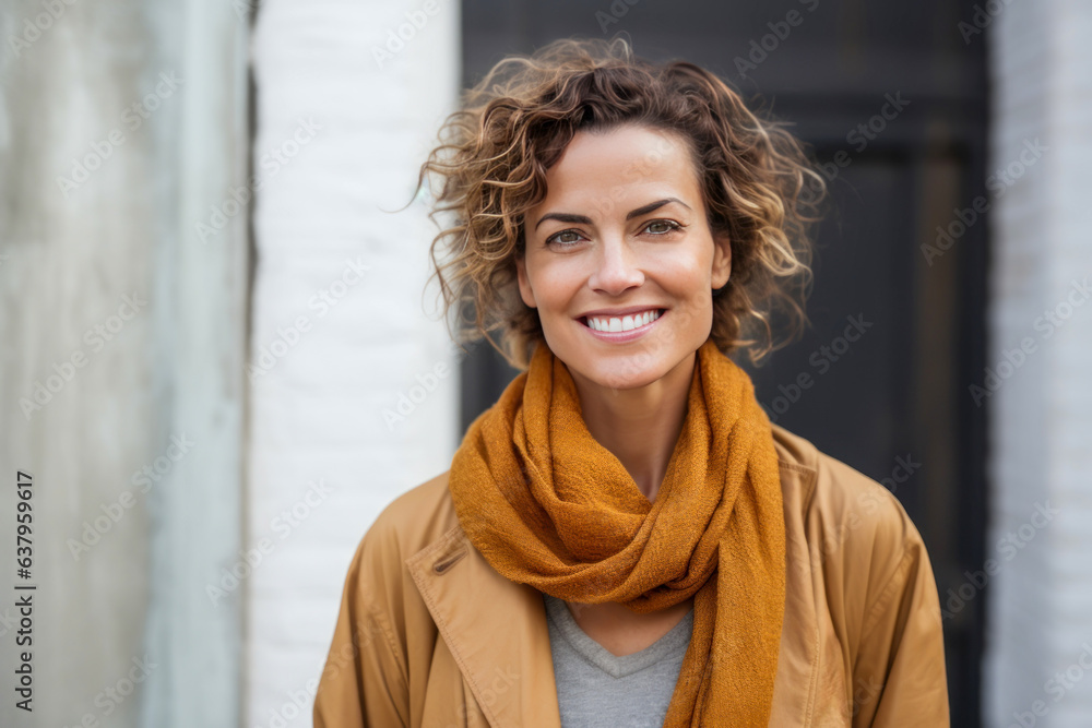 Smiling 40 year old woman in autumn clothes standing outside a building ...