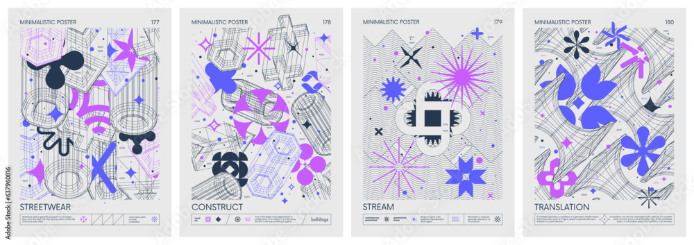 Futuristic retro vector color minimalistic Posters with 3d strange ...