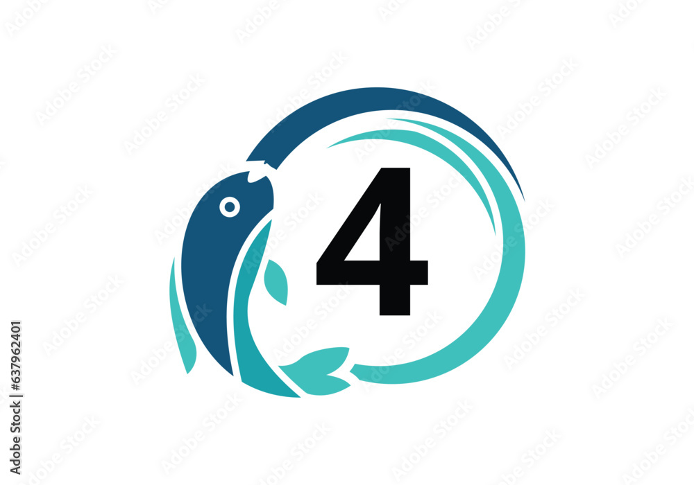 Letter 4 Fish Logo design. Water Animal icon. Font emblem. Modern ...