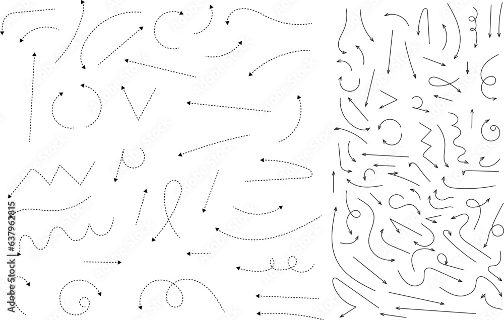 Hand drawn dotted arrows. Hand drawn freehand different curved lines ...