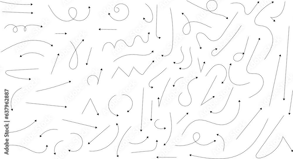 Hand drawn dotted arrows. Hand drawn freehand different curved lines ...