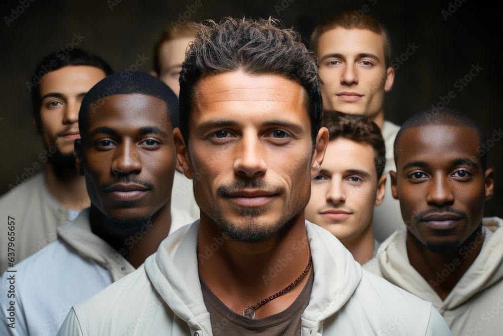 group Handsome men of different races with skin care smiles on studio ...