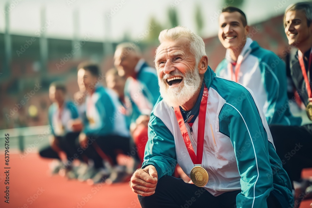 Excited old male athlete winning medal on race track with other ...
