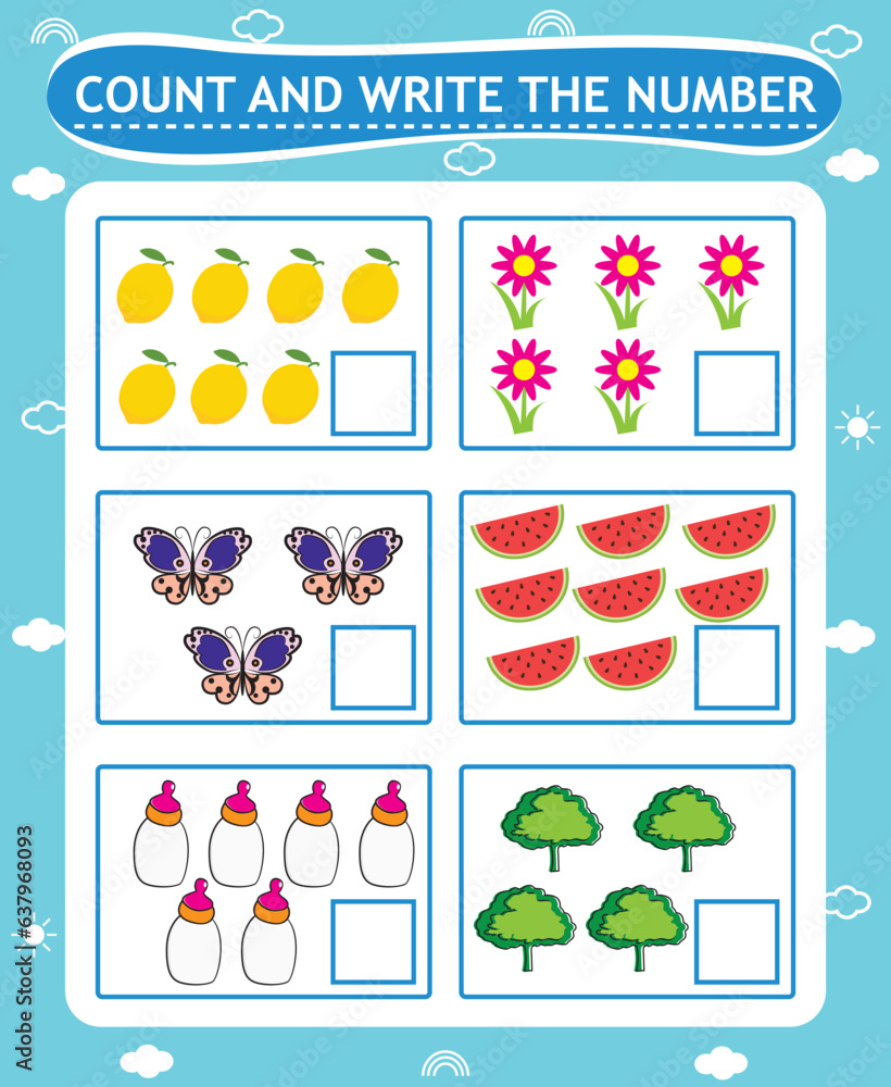 Count and Write the Number, Math Worksheet for Kids Stock Vector ...