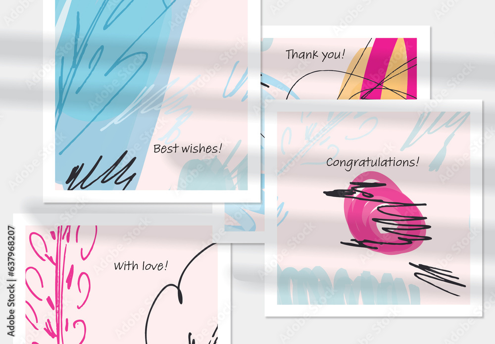 Card Layout with Textured Hand Drawn Abstract Scribbles and Floral ...