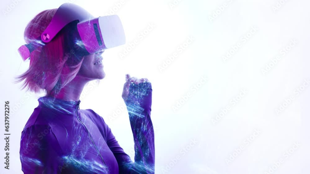 Beautiful woman with purple hair in futuristic costume over white ...