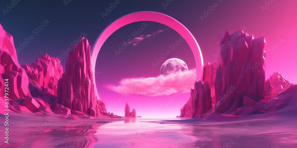 Pink fantasy landscape. Surreal kingdom concept. landscape with mountains and glossy arches ...