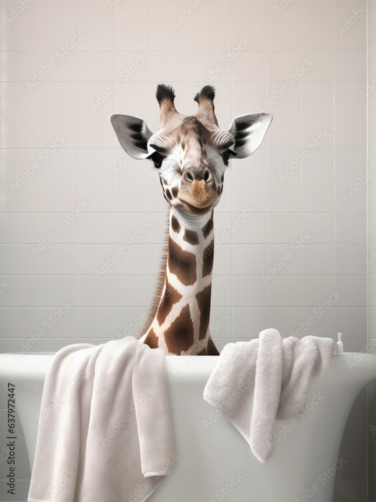 Giraffe in Bath, giraffe bathing in the bathtub, funny animal, bathroom ...