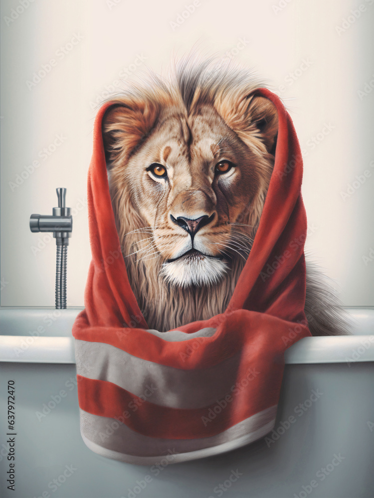Lion in Foam Bath, lion bathing in the bathtub, funny animal, bathroom ...