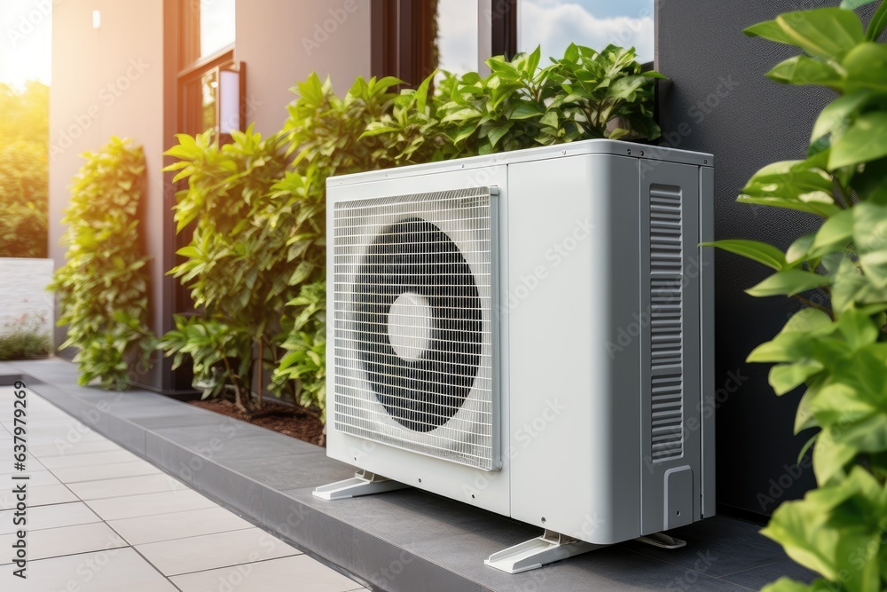 Air source heat pump installed in residential building. Sustainable and ...