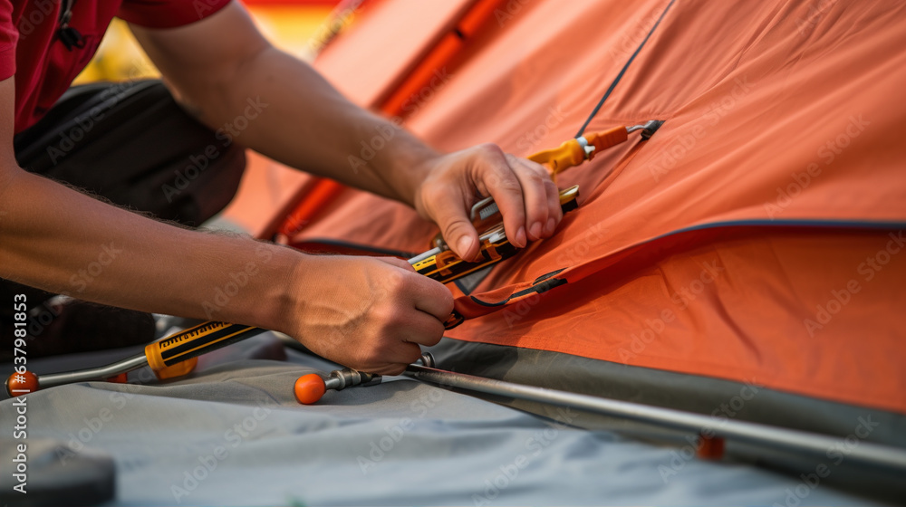 Tent Set-up: An image of hands securing tent poles and stakes Stock ...