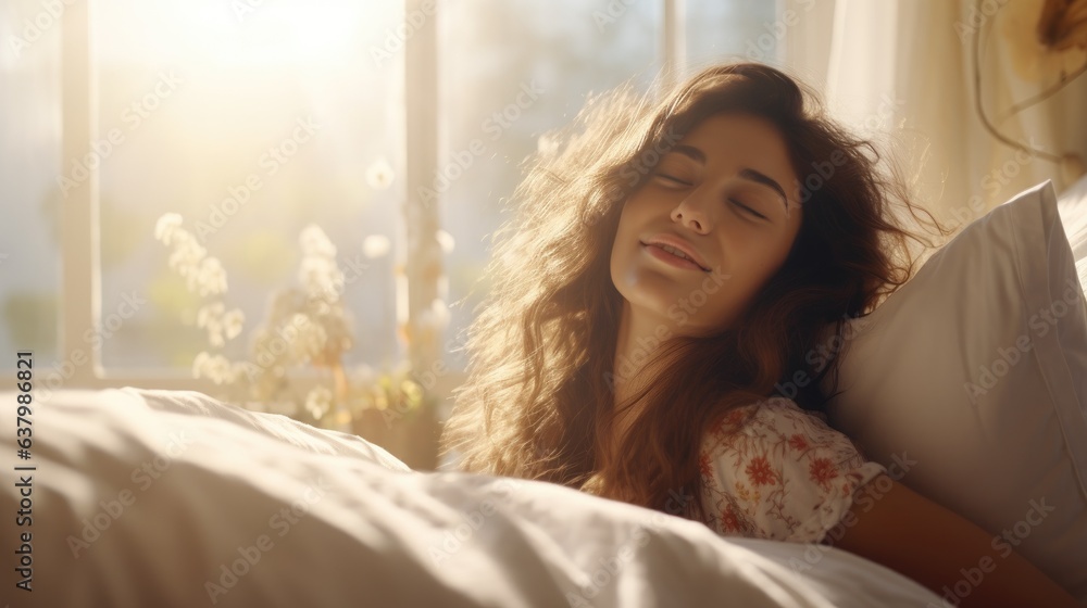 Beautiful woman is waking up in the morning, lying in bed, sun shines ...