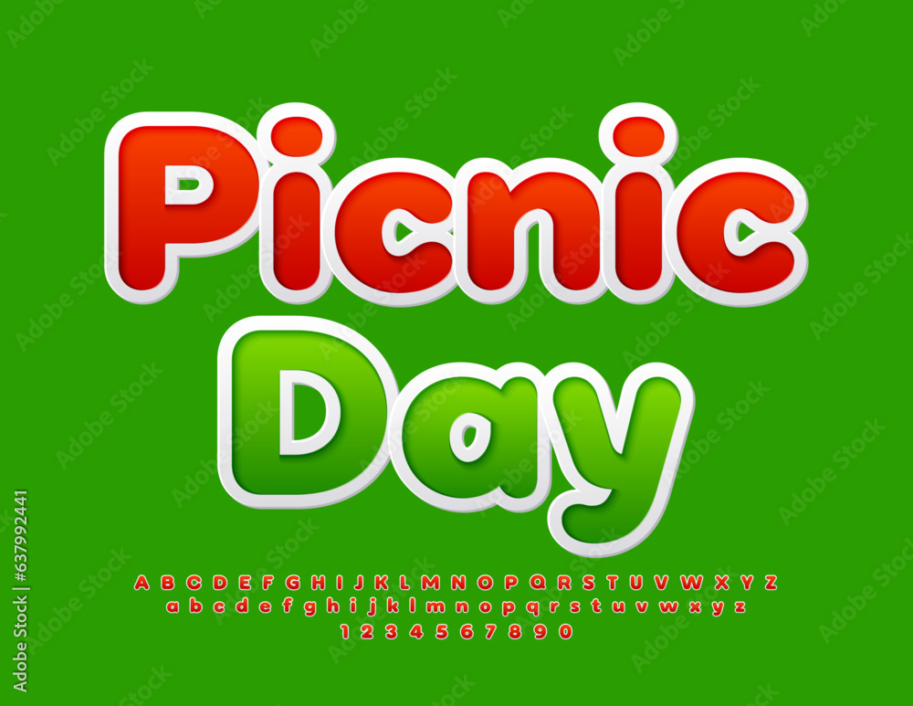 Vector recreational sign Picnic Day. Red Alphabet Letters and Numbers ...