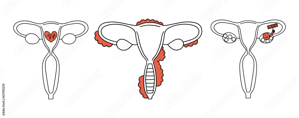 Female reproductive system symbol set. Uterus flat line art drawing ...