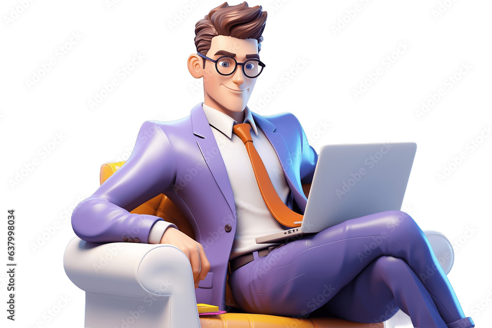 3D icon Young business man working with his laptop in the office or ...