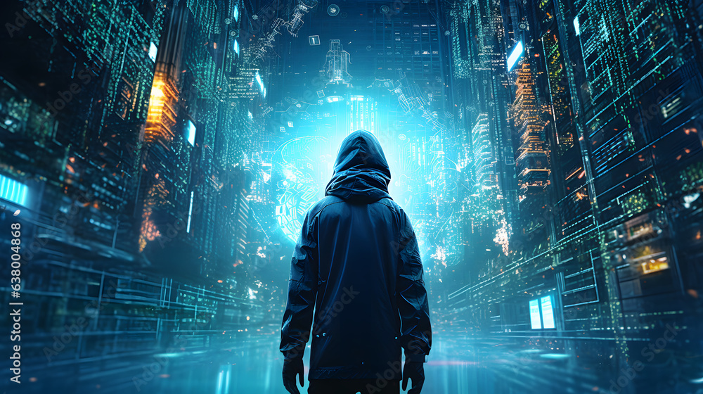 Holographic interfaces surround a skilled cyberpunk hacker in a ...