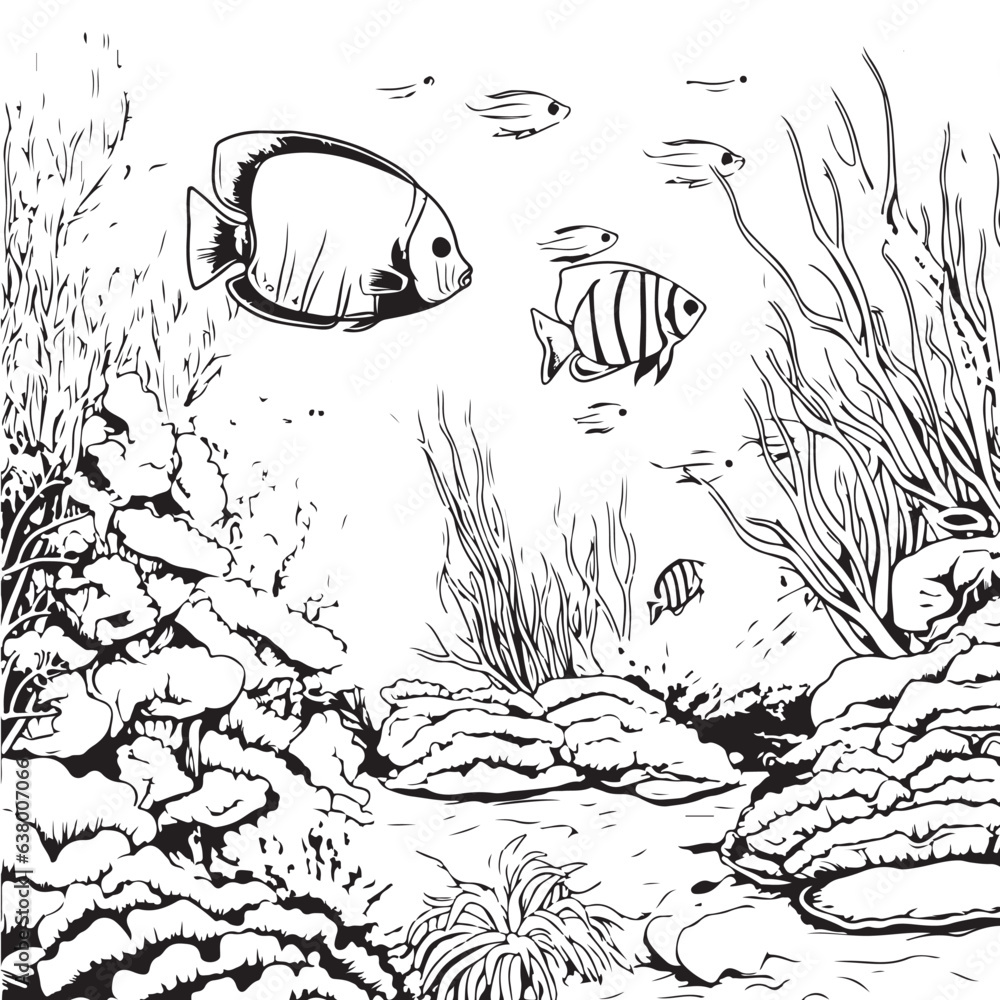 corel and fishes under water coloring page, ocean corel drawing book ...