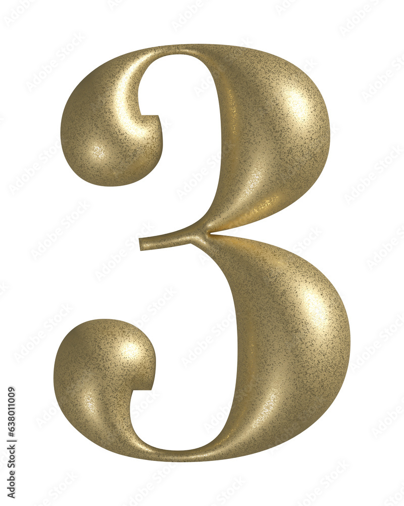 3d number 3 with realistic golden texture. Metal, inflate, luxury ...