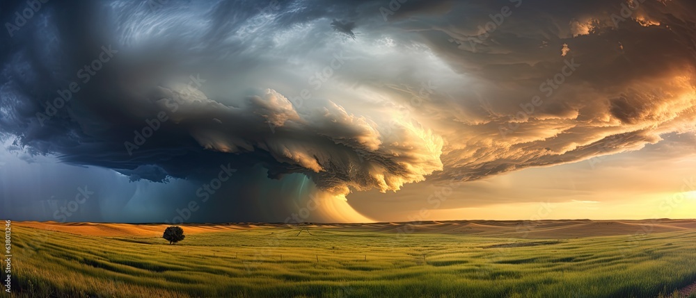 The dramatic clash of thunderclouds over an open prairie, with a bolt ...