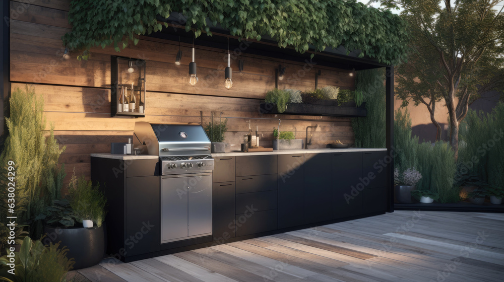 Scandinavian design, of a black simple outdoor kitchen with vegetation ...