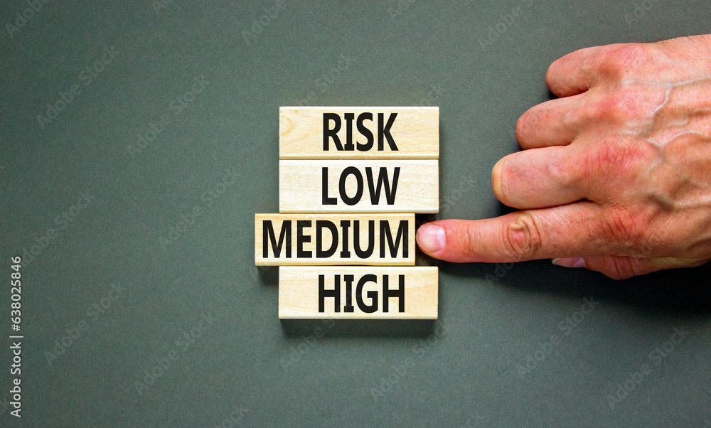 Time to medium risk symbol. Concept word Risk low medium high on wooden ...