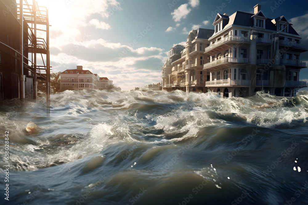 Photo & Art Print Coastal city experiencing flooding from rising sea ...