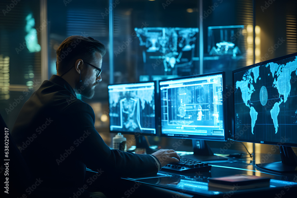 Cybersecurity specialist monitoring for potential threats on a ...