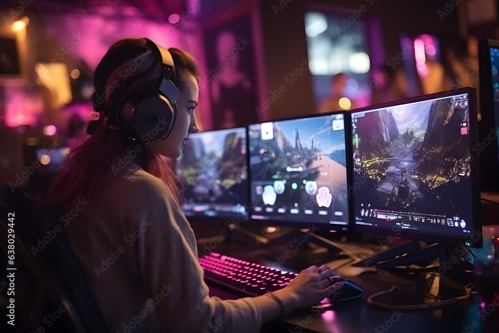 Female game developer testing a new video game on multiple platforms ...