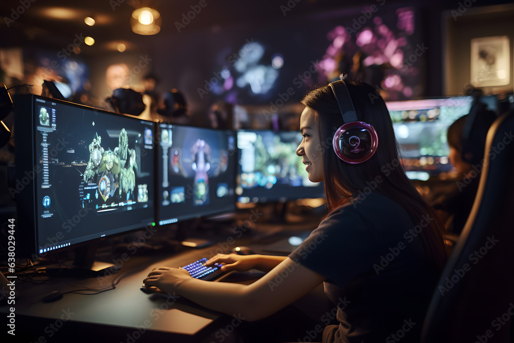 Female game developer testing a new video game on multiple platforms ...