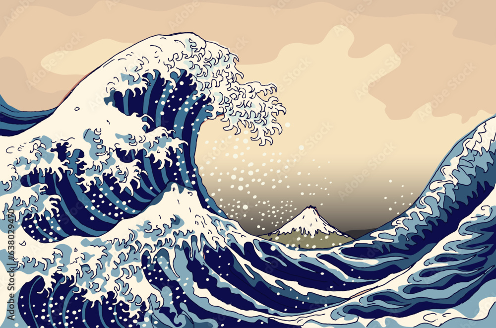"The Great Wave off Kanagawa" and mount Fuji. Vector interpretation of ...