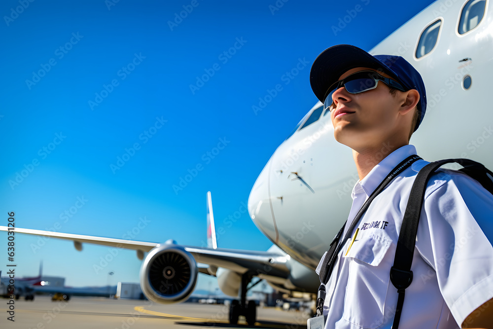 Pilot pre-flight checking a commercial airplane under a clear blue sky ...