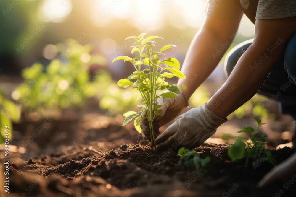 Close up hands of men and women working in a community garden planting ...