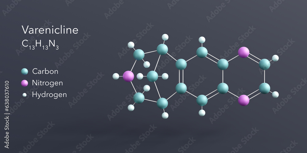 varenicline molecule 3d rendering, flat molecular structure with ...