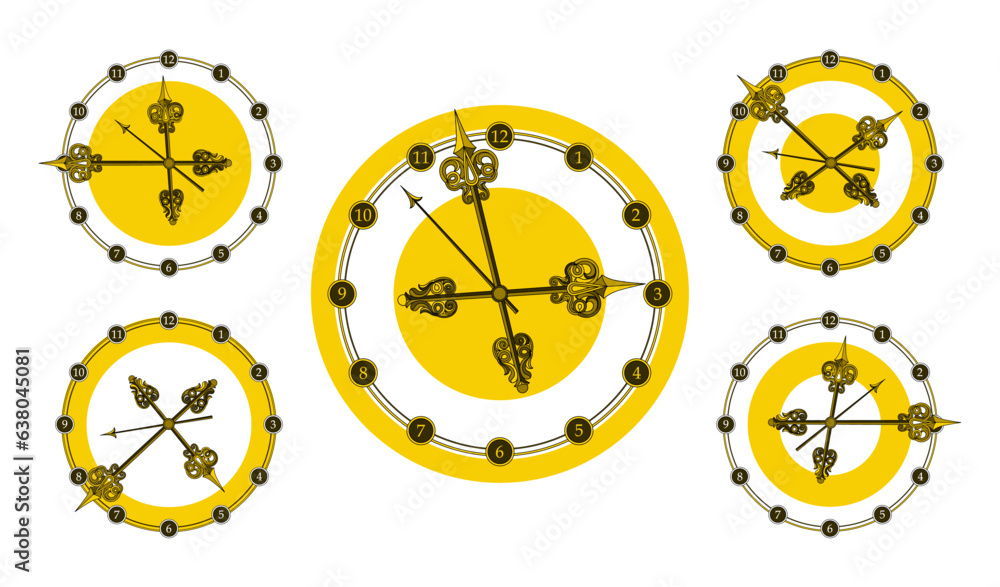 Collection of golden clocks showing different times. Retro stylized ...