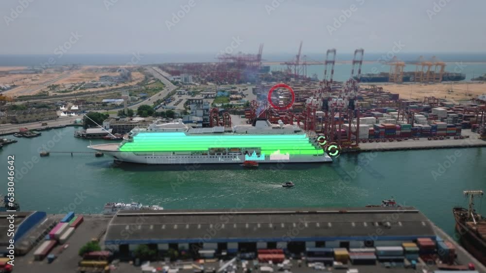 Forwards fly over buildings in harbour. Big cruise ship waiting for ...