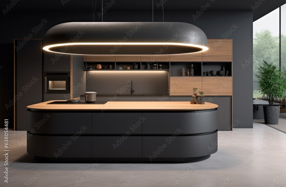 A grand, modern kitchen boasting a large round island, complete with ...