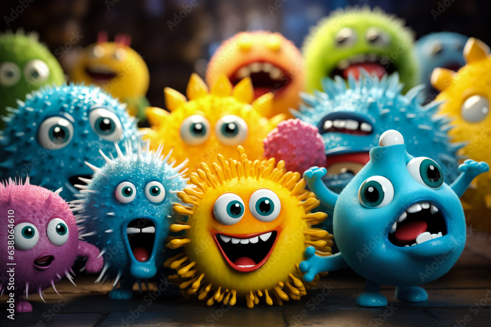 Smiling pathogen microbe monsters bacteries and viruses with big eyes ...