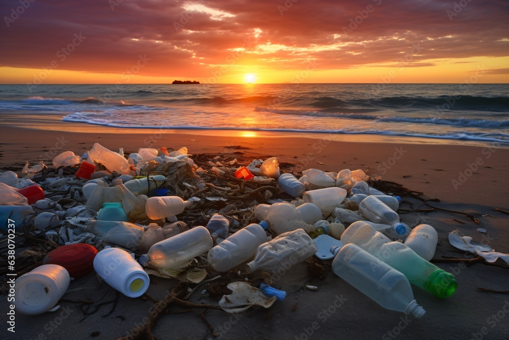 plastic pollution of the ocean, trash objects littering a sandy beach Stock Photo | Adobe Stock