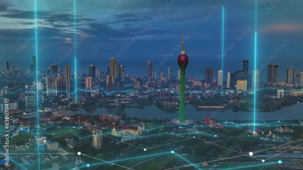 Aerial circular view of modern high rise buildings around famous ...