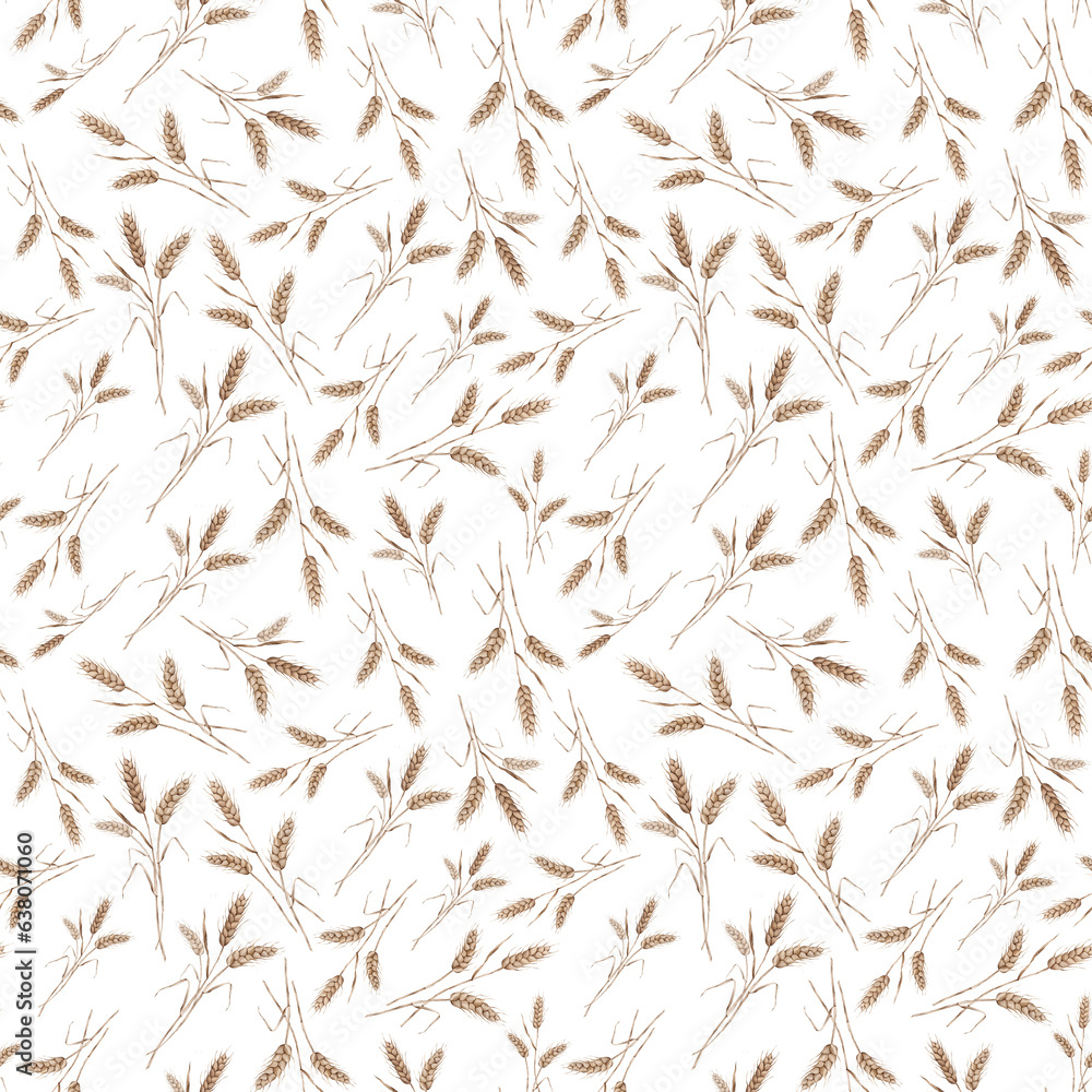 Seamless wheat spikelet pattern. Watercolor herbal background with ...