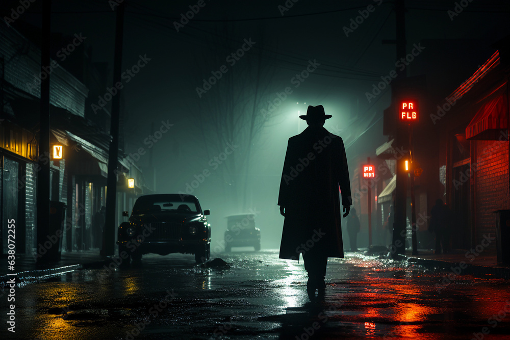 cinematic silhouette of a mafia boss in a dark alley in a big city ...