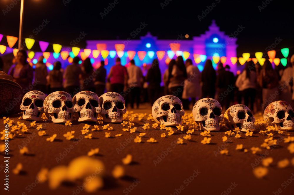 Calavera skulls and vivid flowers at night for celebration of Dia de ...