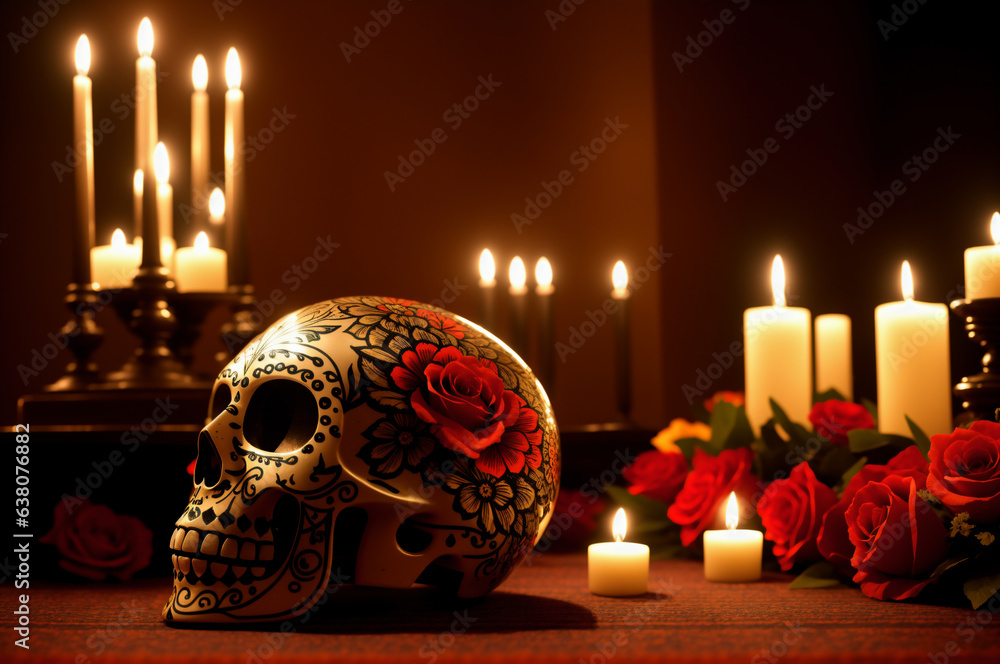 Sugar skulls as a Mexican symbol of the Day of the Dead. Calavera lying ...