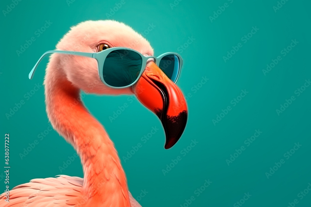 Flamingo wearing sunglasses, on turquoise background hyper-realistic ...